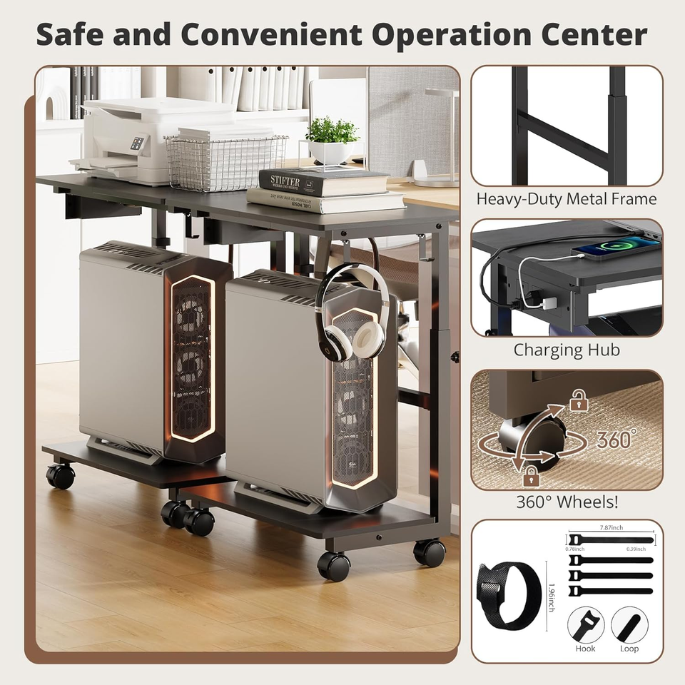 2-Tier Computer Tower Stand with Power Outlet, Height Adjustable PC ...