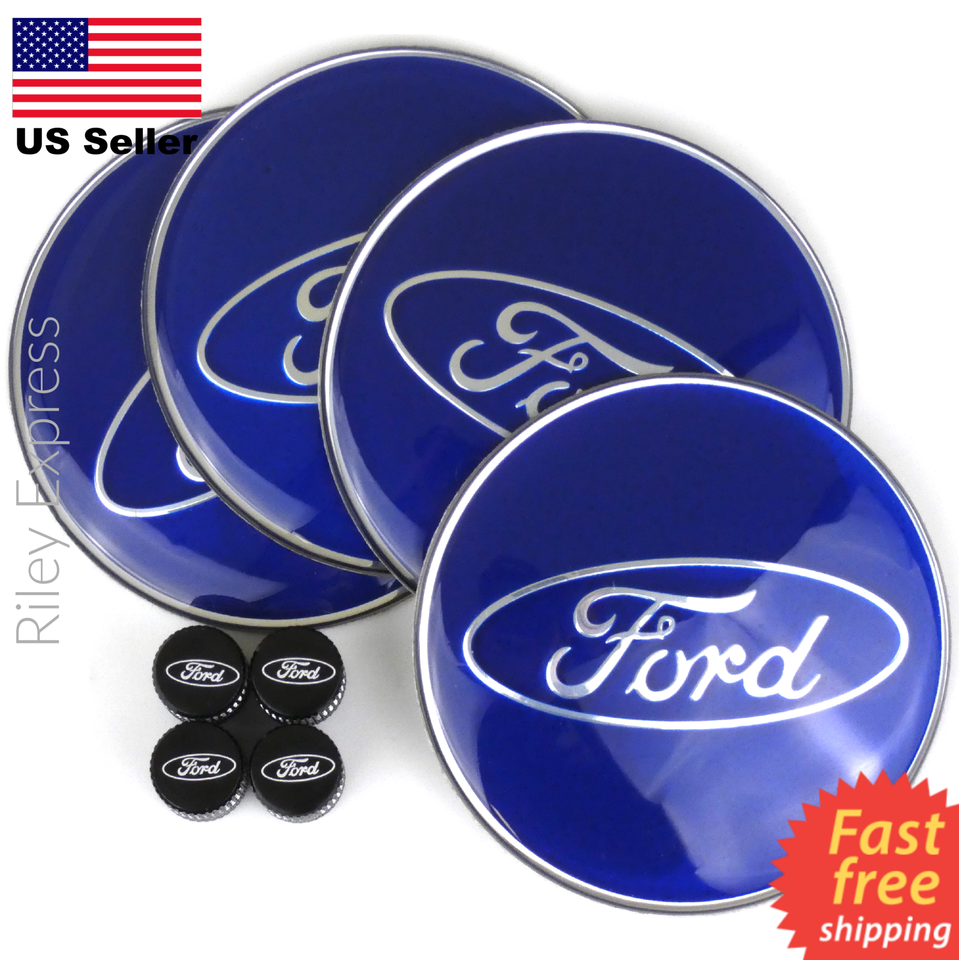 Blue FORD Wheel Center Cap Sticker Decals 2.55" & Black FORD Tire Valve ...