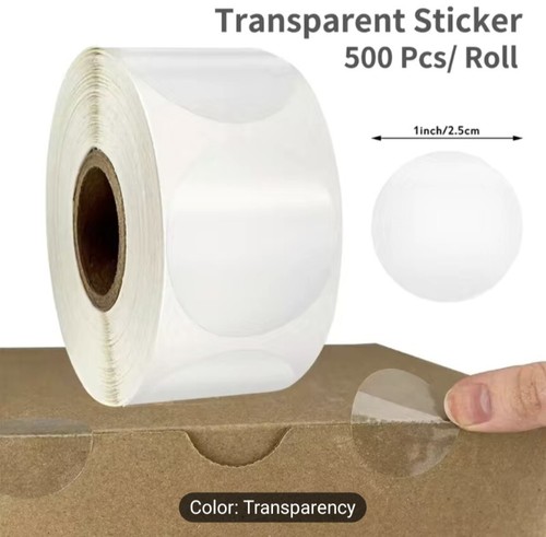 500 pc Sticker Roll 1 Inch Round Transparent Clear Adhesive Gift Wrap ...