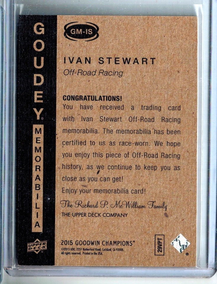 2015 GOODWIN CHAMPIONS GOUDEY MATERIALS IVAN STEWART RACE WORN | eBay