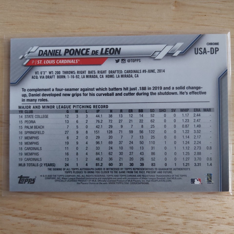Daniel Ponce De Leon Auto. 2020 Topps Chrome. Card usa-dp. | eBay