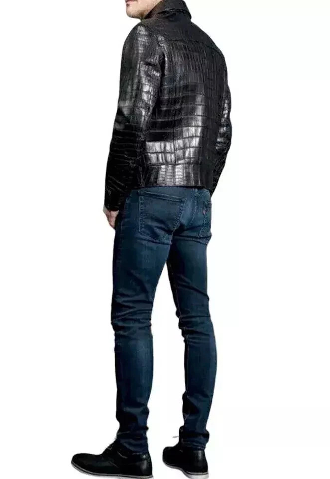 Men's Black Real Leather Crocodile Embossed Jacket Biker Alligator ...