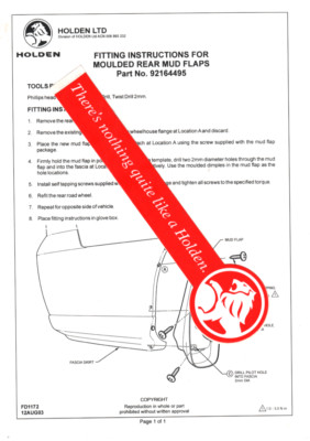 VY COMMODORE SEDAN REAR MUD FLAPS GENUINE HOLDEN FITTING INSTRUCTIONS ...