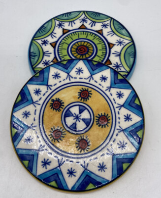 2 PIER 1 Hand Painted Round Ceramic Boho Sunburst Mandala Coasters Blue ...