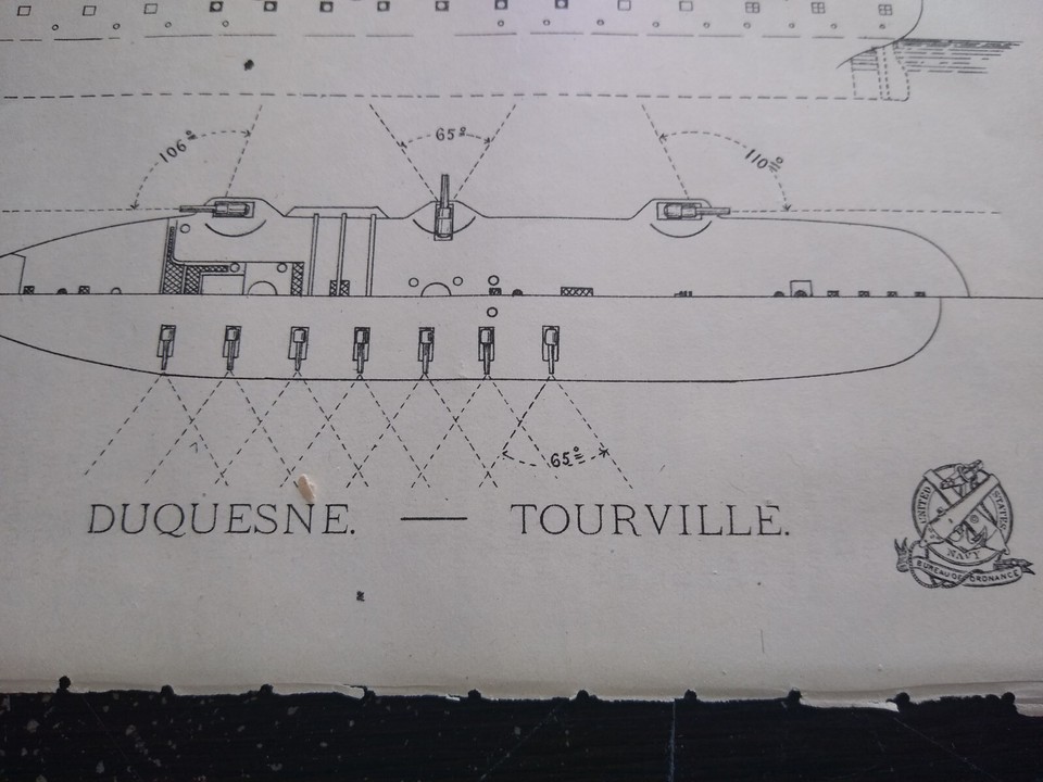 1880 US Navy Tourville Ship Naval Engineering Military Ordnance Sketch ...