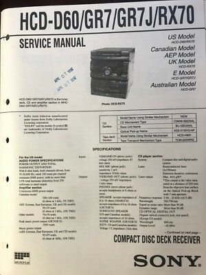 ORIGINAL SERVICE MANUAL & SCHEMATIC SONY HCD-D60/GR7/GR7J/RX70 D711 | eBay
