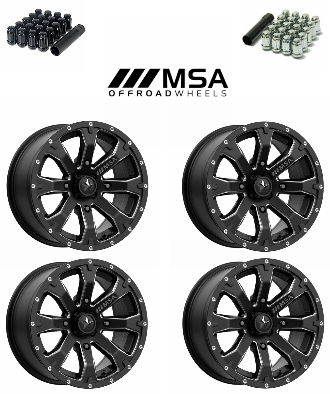 Set of (4) 18"x7" MSA M42 Bounty Gloss Black Wheels- Polaris 4x156 w ...
