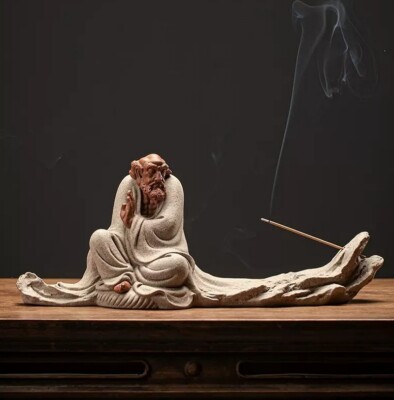 Chinese Zi Sha Sand Bodhidharma Dharma Statue Incense Stick Burning Zen ...
