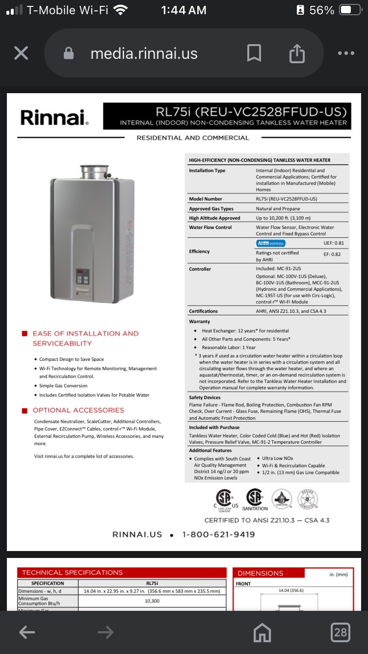 Rinnai RL75iP Tankless Water Heater REU-VC2528FFUD-US(A)-P Propane 180k ...