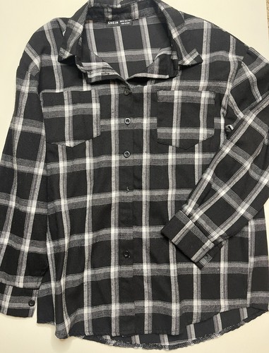 Shein Black & White Plaid Long-Sleeve Collared Button Up Flannel Women ...