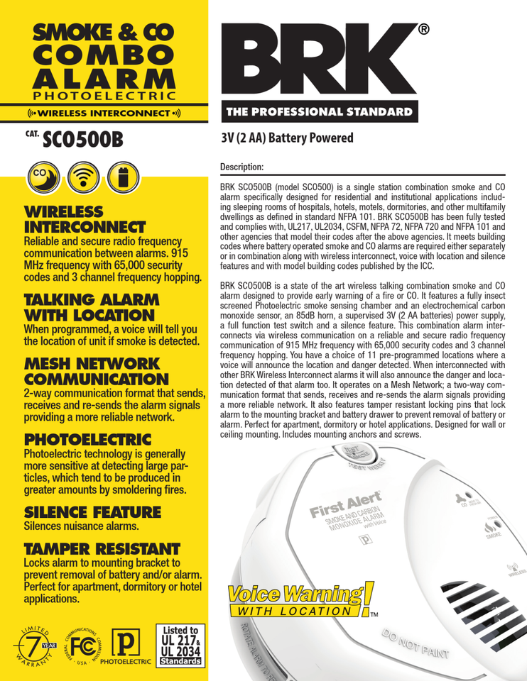 BRK First Alert Smoke & Carbon Combo Alarm - Battery Powered (SCO500B ...