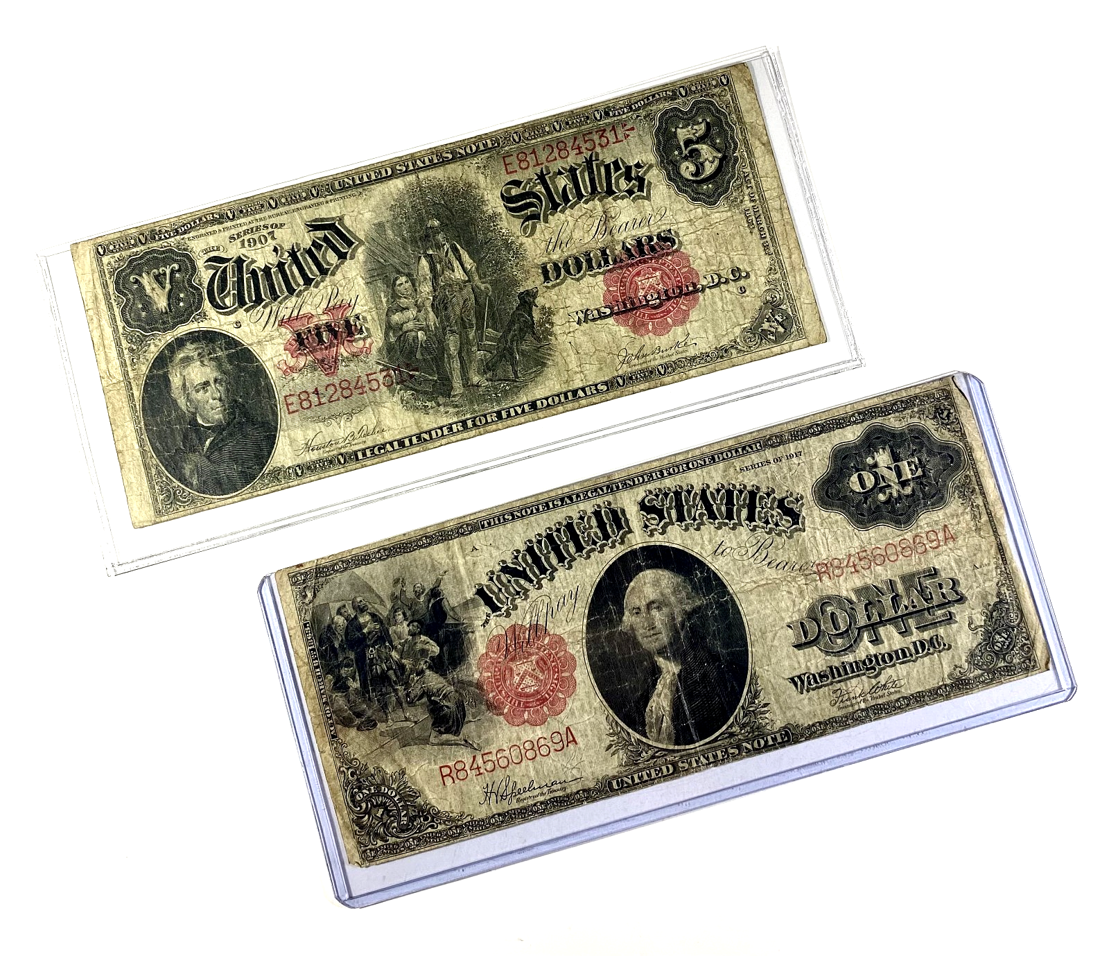 1917 $1 Red Seal Sawhorse & 1907 $5 Red Seal Woodchopper 2-Large Note ...