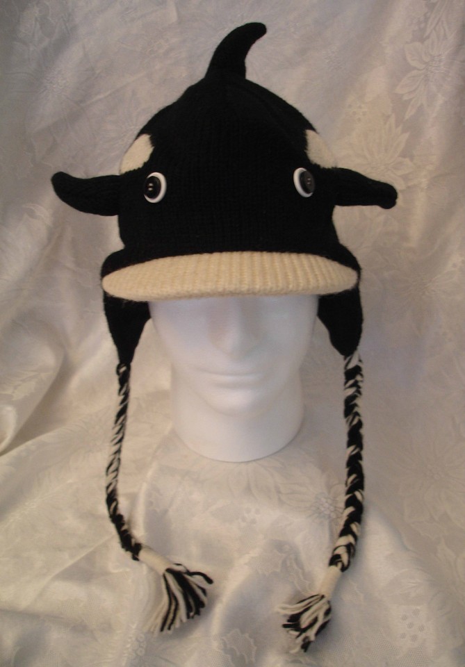 deLux tag ORCA HAT knit ski cap brim LINED whale shamu costume MENS ...