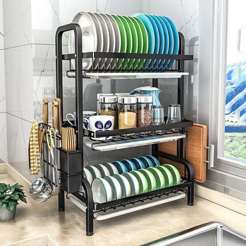 3 Tier Dish Drainer Rack with Drip Tray Cutlery Holder Plate Rack ...