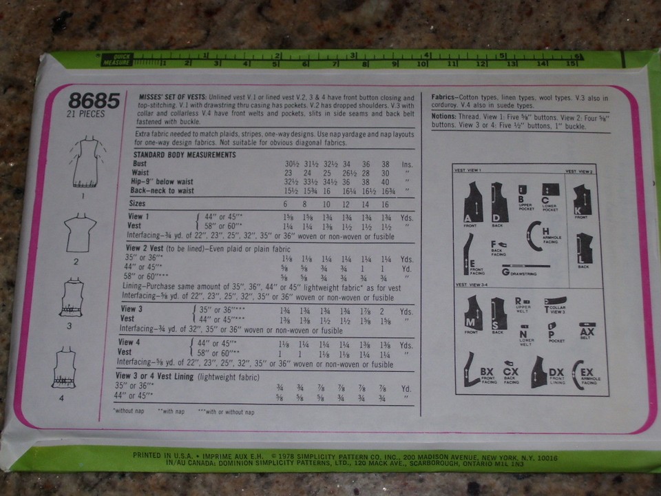 🌺UNCIRCULATED 1978 SIMPLICITY #8685-LADIES (4 STYLE) RETRO VEST PATTERN ...