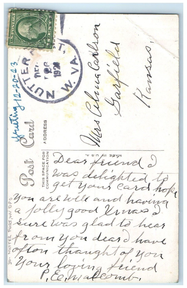 1923 Christmas Greeting Nutter Fort West Virginia WV Garfield Kansas KS ...