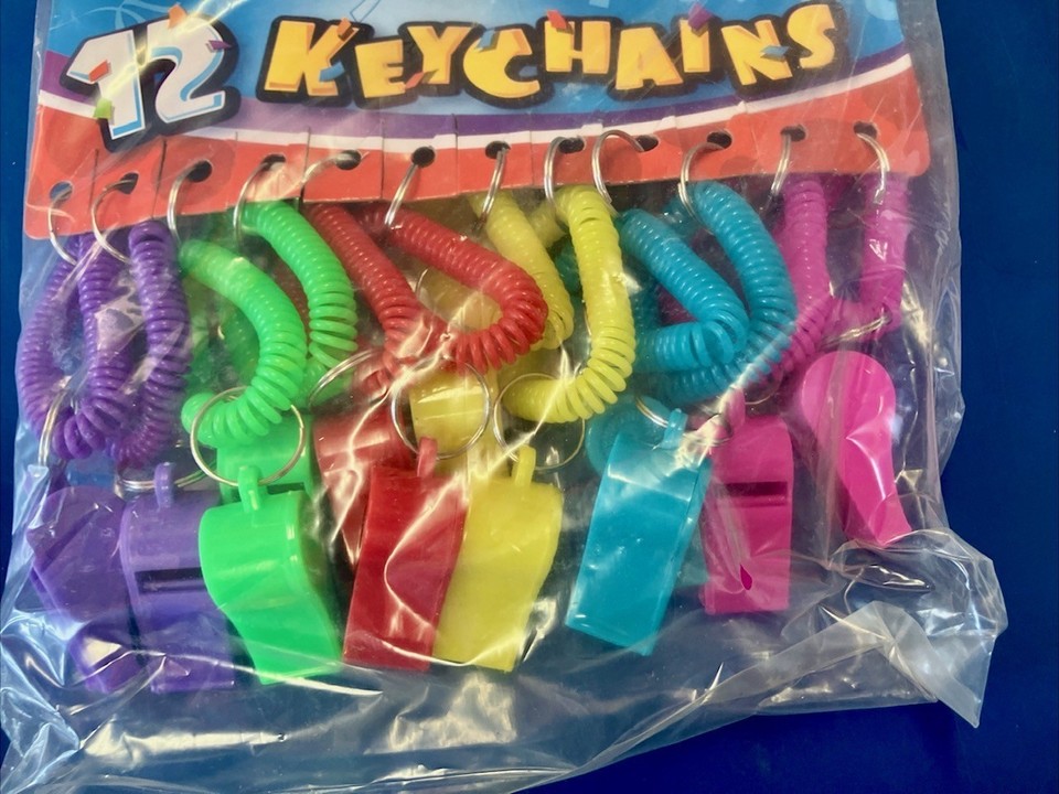 LOT OF 12 SPIRAL WHISTLE KEYCHAINS KEY CHAIN WRIST COIL CHAINS ELASTIC ...