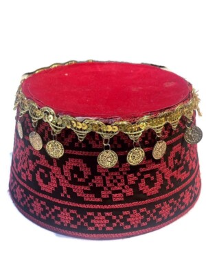 Turkish Arabic red Tarboosh Hat Handmade Embroidered Golden coins at ...