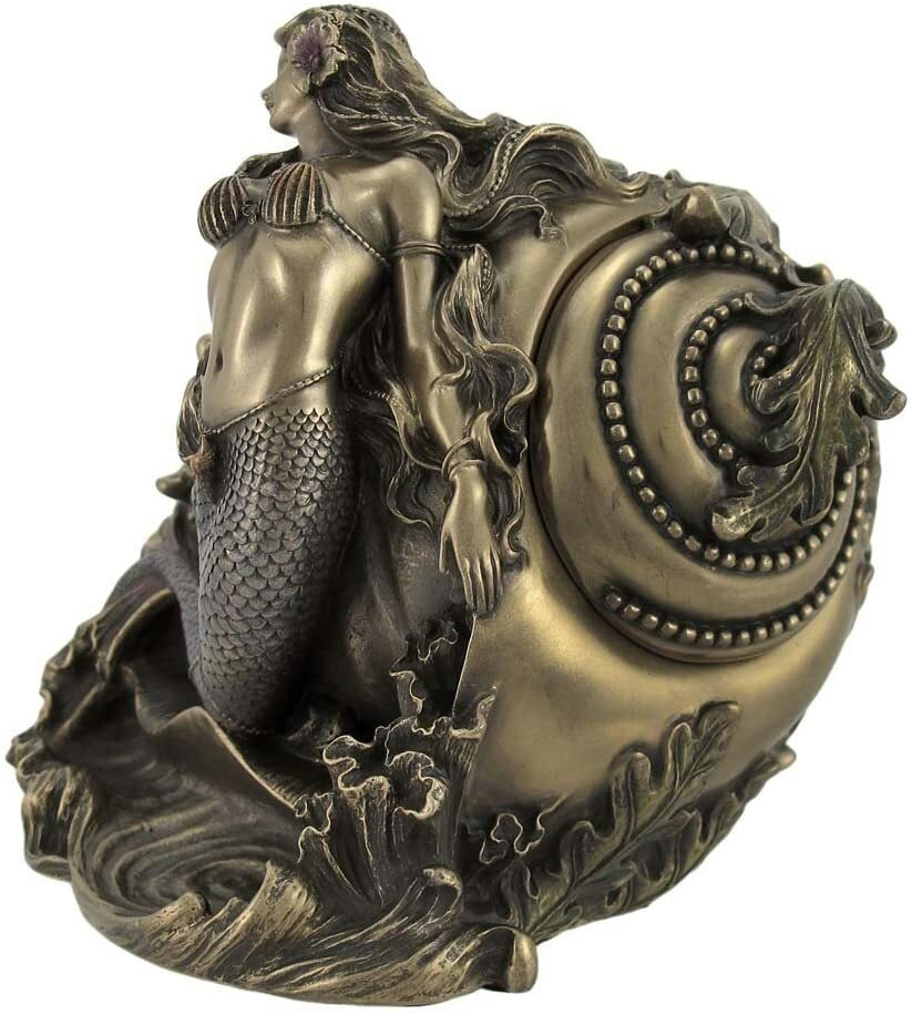 Mermaid & Conch Shell Trinket Box Nautical Décor Statue Bronze Finish ...