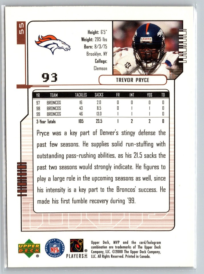 2000 Upper Deck MVP #55 Trevor Pryce | eBay