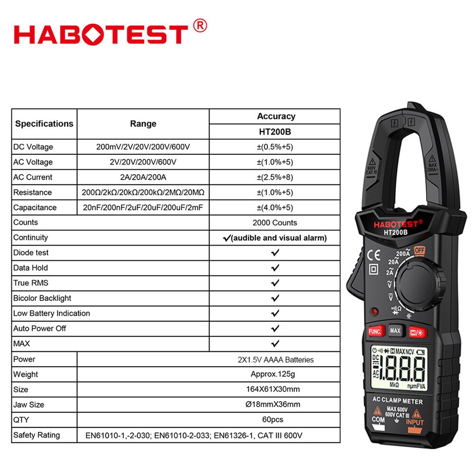 HABOTEST HT208 Clamp Meter Digital Multimeter Tester AC DC Volt Meter ...