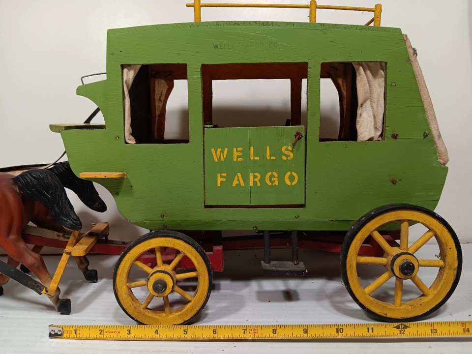 LARGE VINTAGE HOMEMADE WELLS FARGO WOODEN STAGECOACH W HORSES 14×12×9 ...