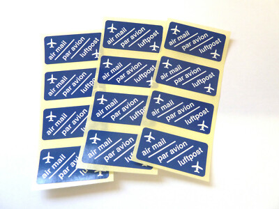 Air Mail labels, white on blue stickers for overseas post, letters and ...