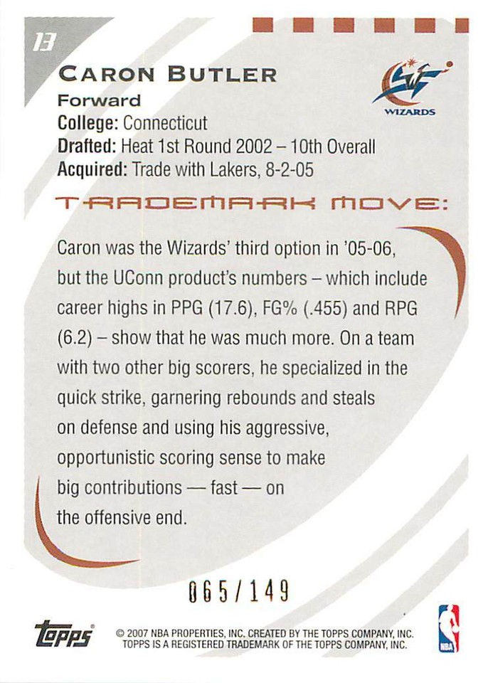 CARON BUTLER 2006-07 Topps Trademark Moves FOIL /149 Wizards #13 | eBay