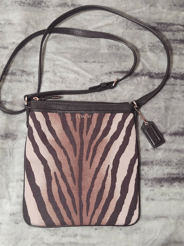 Coach Brown Leather Trim Tan Animal Print Nylon Crossbody Shoulder Bag ...