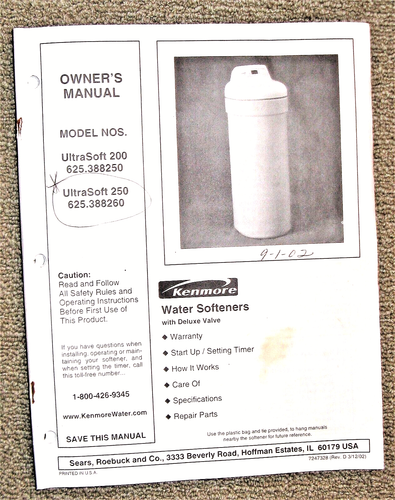 SEARS - KENMORE - UltraSoft Model 200 & 250 Water Softener Owner's ...