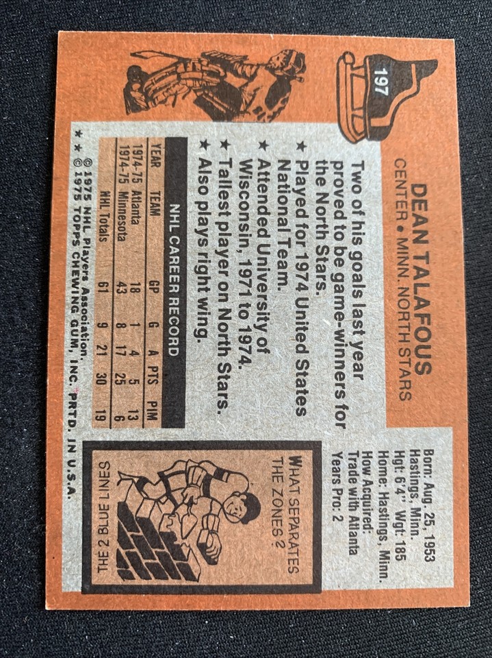 1975-76 Topps Rookie Card 197 Dean Talafous Minnesota North Stars NM+ ...