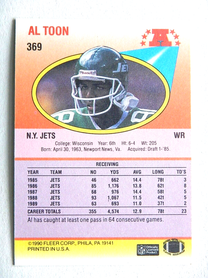 Al Toon #369 Fleer 1990 Football Card (New York Jets) | eBay