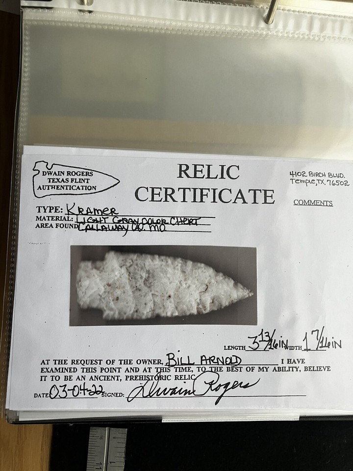Nice Size Kramer Indian Arrowhead Artifact. Callaway Co, MO. Rogers COA ...