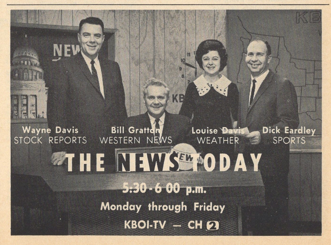 1965 KBOI IDAHO TV NEWS AD LOUISE DAVIS, BILL GRATTON, DICK EARDLEY ...