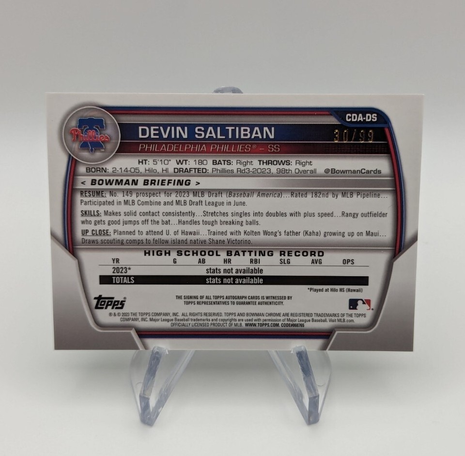 Devin Saltiban 2023 1st Bowman Chrome Auto CPA-DS Green Refractor SP #d ...