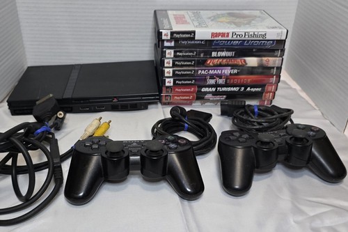 Sony PS2 Slim Black PlayStation 2 Console 2 Controllers 9 Games & More ...