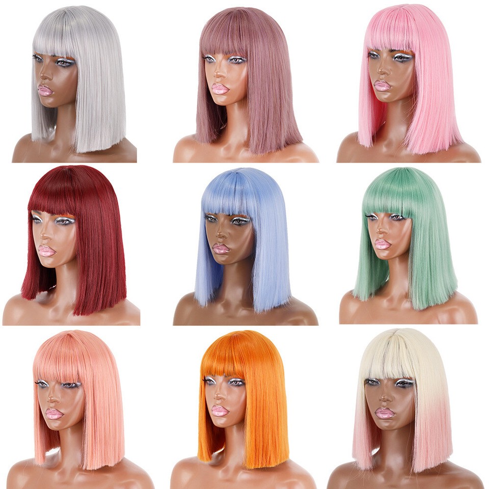 Synthetic Wigs Ombre Blonde Pink Short Straight Bob Wigs with Bangs for ...