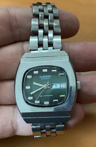 Vintage CLINTON men's automatic watch Ronda 1239 25Jewels Green dial ...