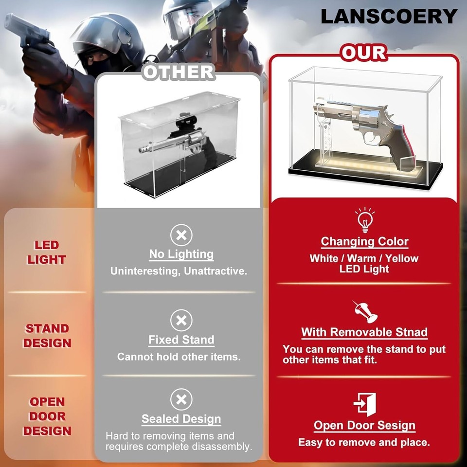 Gun Display Case Acrylic 11" LED Light Handgun Pistol Revolver Stand ...