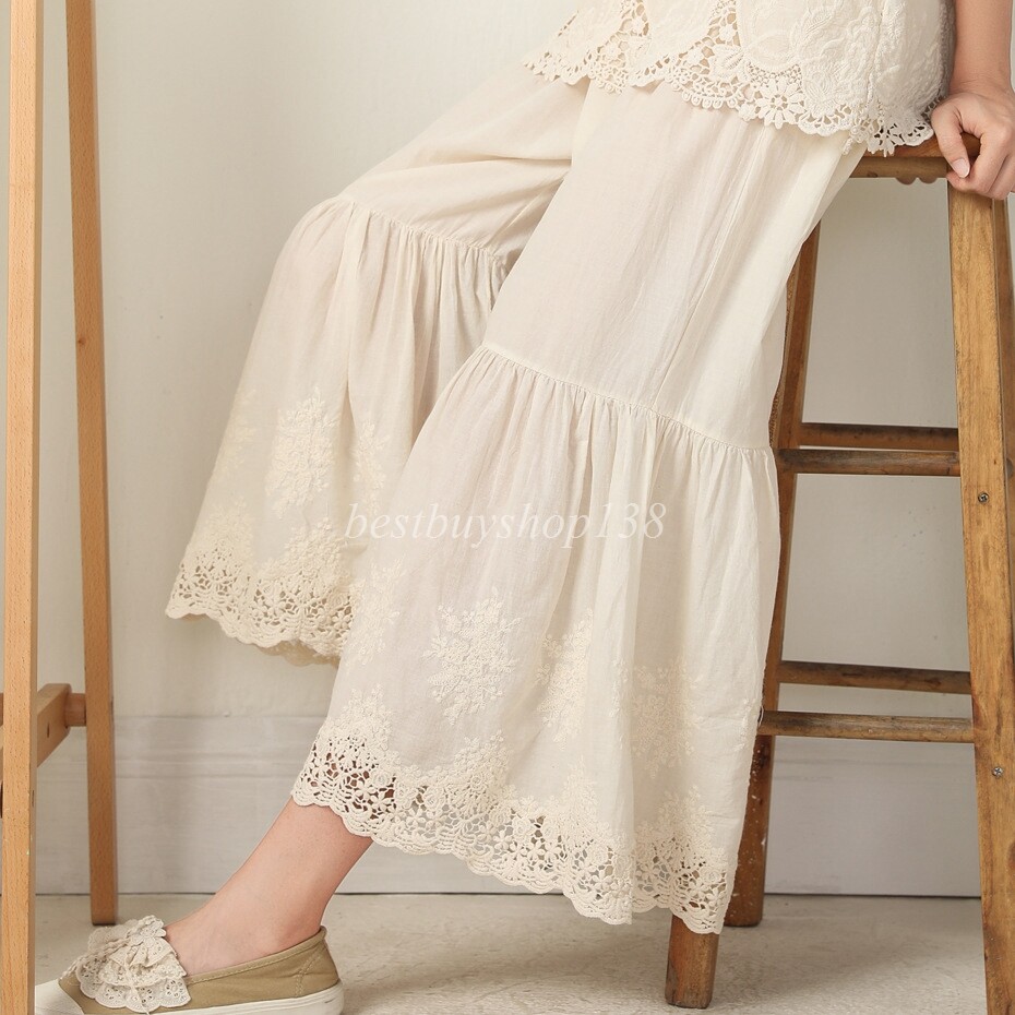 Women Natural Cotton Capri Pant Flared Leg Lace Pettipant Bloomers Pant ...