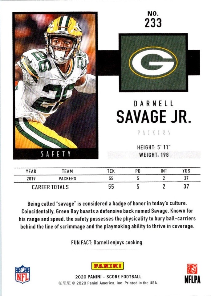 2020 Score Green Darnell Savage Jr. #233 Green Bay Packers Football ...