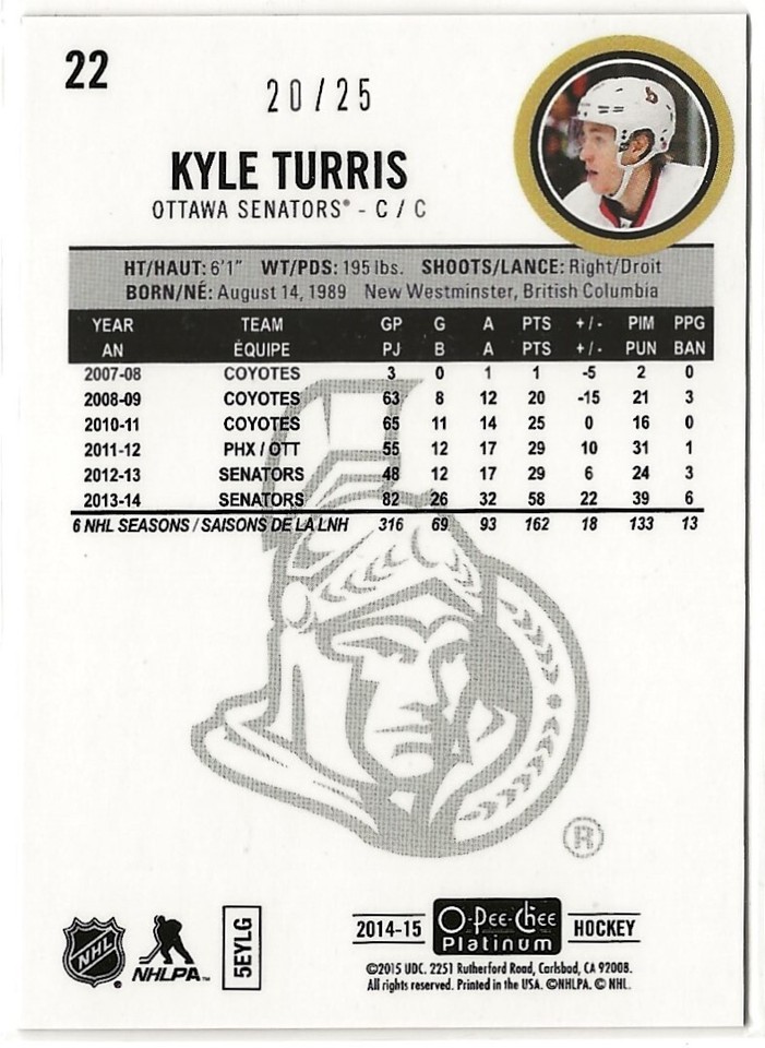 2014 2014-15 O-Pee-Chee Platinum Black Ice #22 Kyle Turris 20/25 Ottawa ...