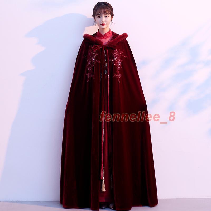 Womens Hooded Cape Pleuch Cloak Floor-length Thicken Wedding Dress ...