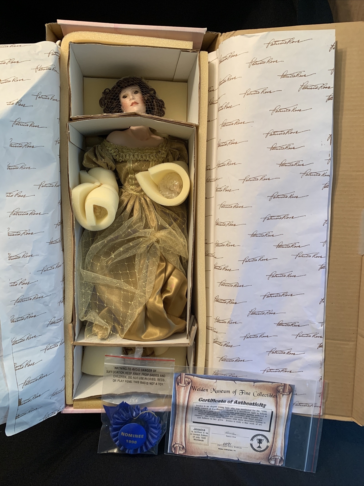 1996 WELDEN MUSEUM Fine Porcelain Doll JESSICA 91/1500 P. Rose 22” Box ...