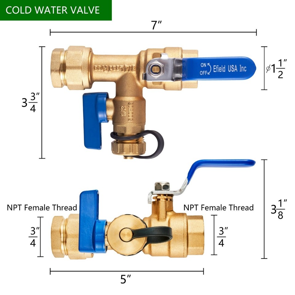 3/4" EFIELD IPS Isolator Tankless Water Heater Valve Kit, Female NPT ...