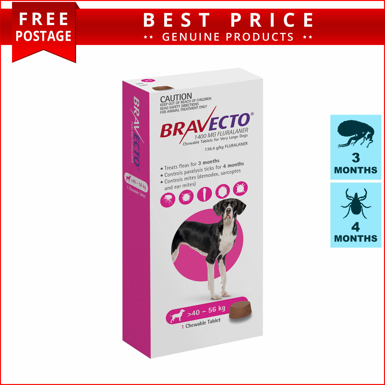 BRAVECTO Chewable 1 Dose for 40 to 56 Kg Dogs Flea and Tick Control ...
