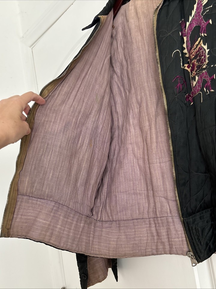 Very Old Souvenir Jacket Hand Made China Tsing Tao Japan Dragon Black ...