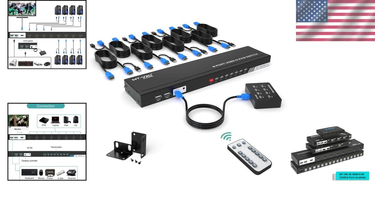 8 Port HDMI KVM Switch - 4K@30Hz Rack Mount, Includes 8 Cables, IR ...