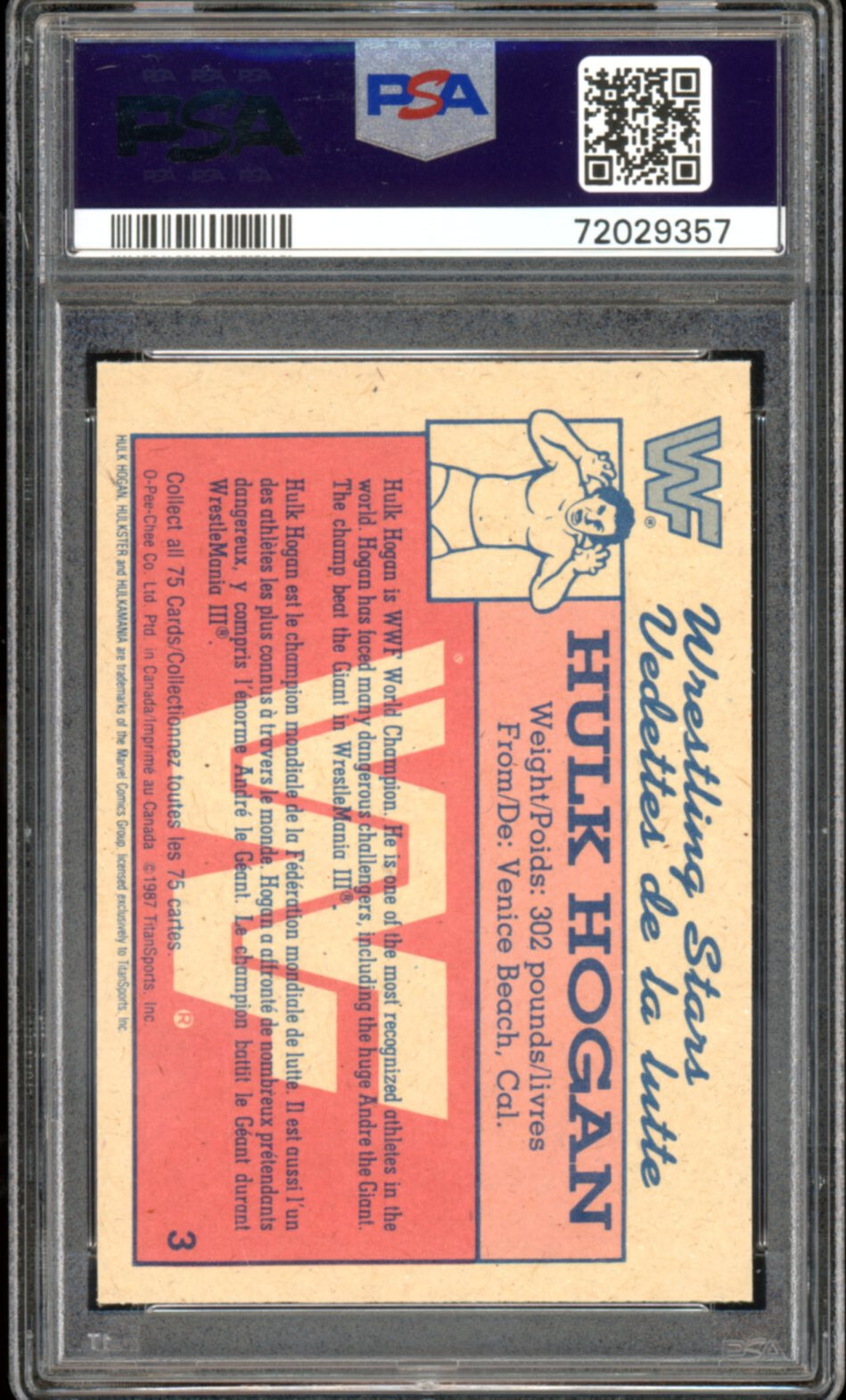 1987 Topps O-Pee-Chee OPC Wrestling #3 Hulk Hogan WWF WWE PSA 8 NM-MINT ...