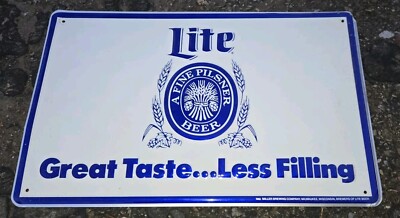 MILLER LITE 1980 10 X 16 BLUE & WHITE TIN BEER SIGN "Great taste...Less ...